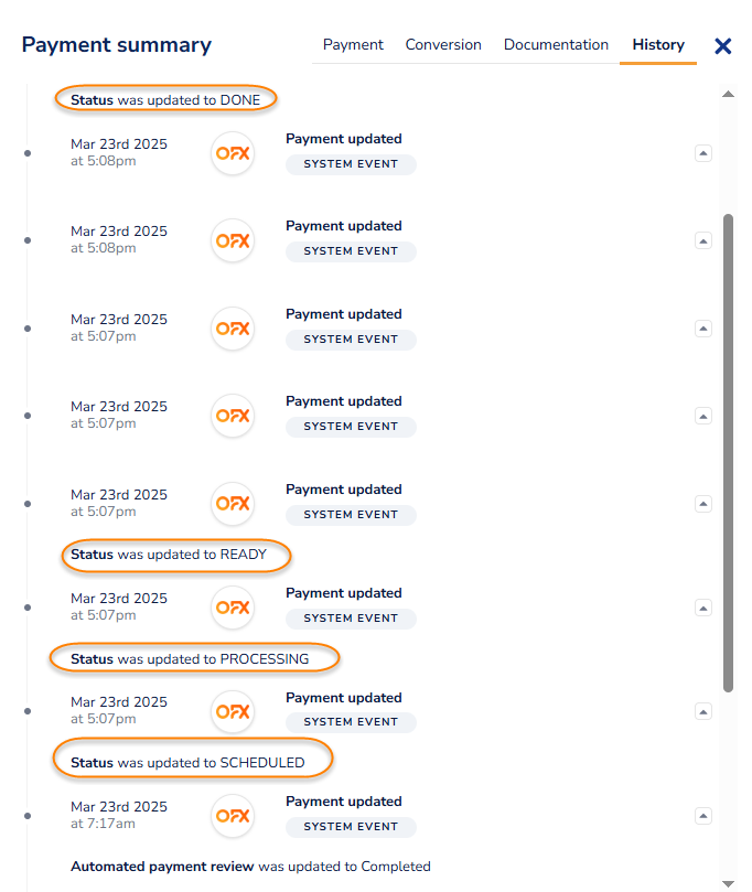 When is a payment updated from Scheduled to Paid?