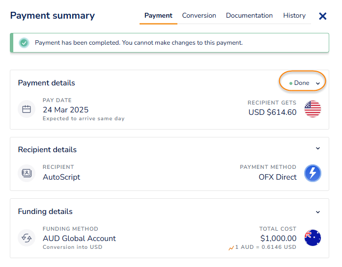 When is a payment updated from Scheduled to Paid?