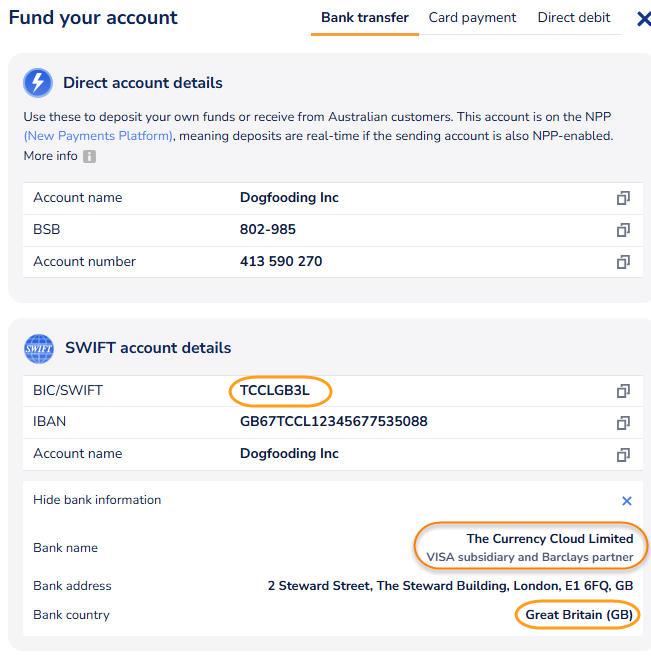 Why is Currency Cloud listed on the account details?