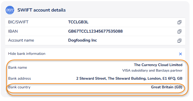 Why do the account details for SWIFT show UK details?