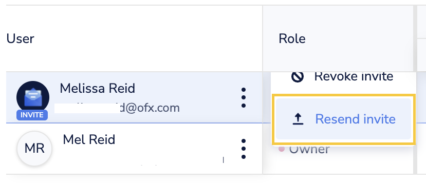 How do I resend an invite to a new user?
